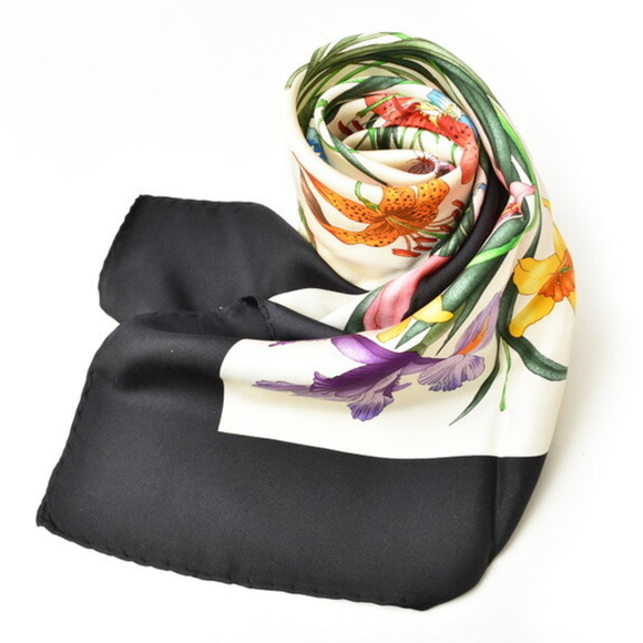 Gucci | Accessories | Gucci Scarf Muffler Gucci Silk Black White Flower ...